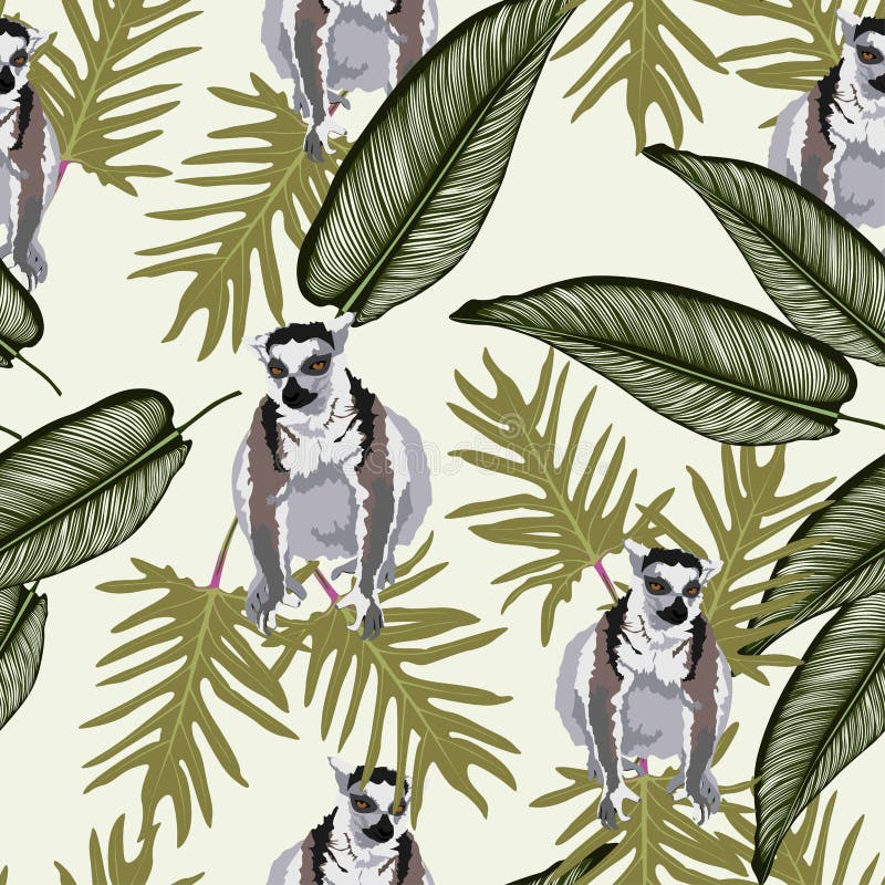 Grey Lemur with Exotic Palm Leaves Seamless Repeating Pattern ...
