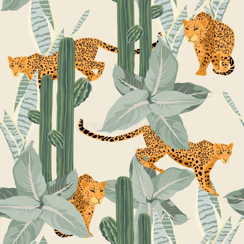 Seamless Tropical Safari Pattern Background with Leopard Animal and ...