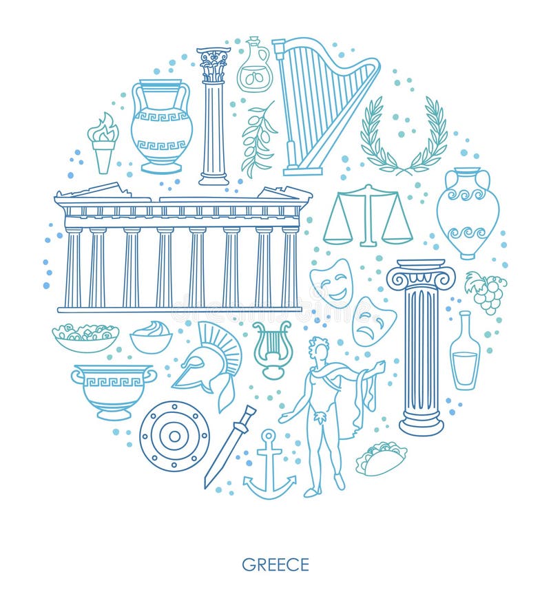Greece. Vector Illustration of Famous Greek Symbols and Landmarks in ...