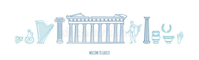 Welcome To Greece. Vector Illustration of Famous Greek Symbols. Stock ...
