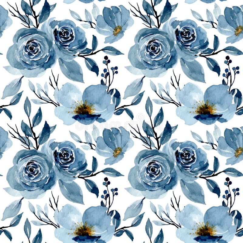 Blue Indigo Floral Watercolor Seamless Pattern Stock Illustration ...
