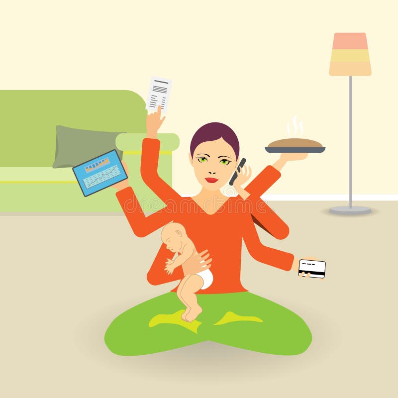 Young Woman with Six Hands Doing Many Activities at the Same Time ...