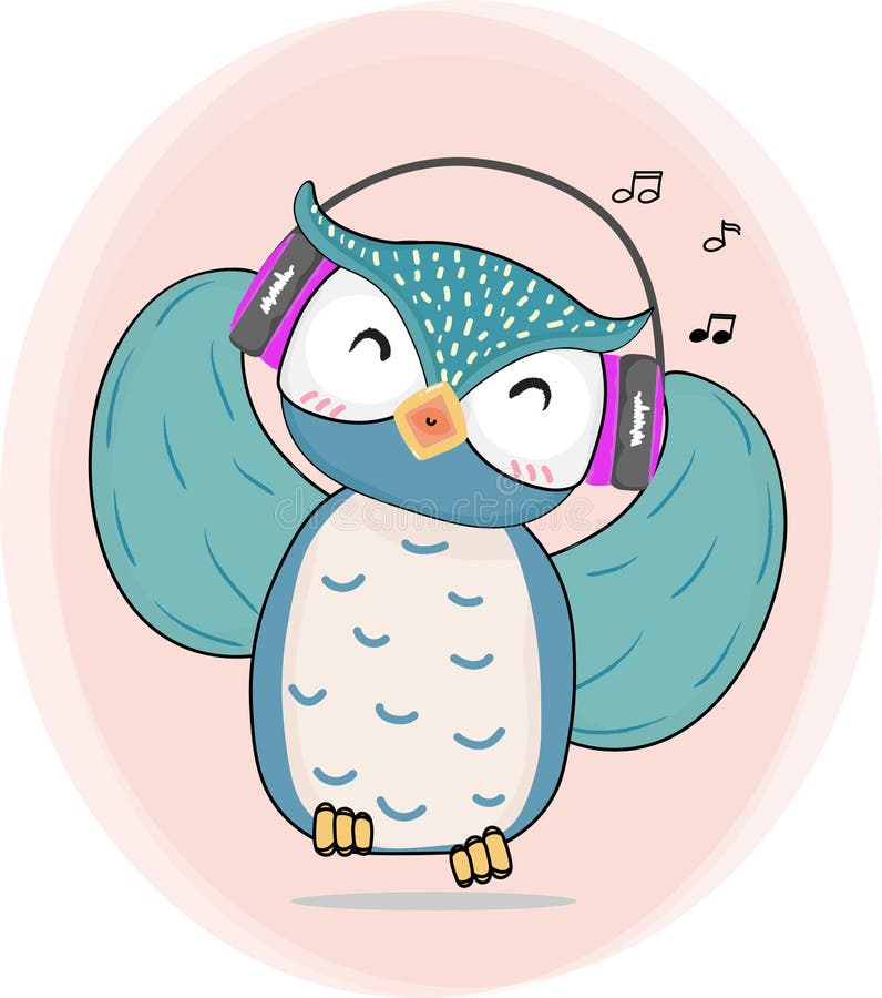 An owl listen to music stock illustration. Illustration of character ...
