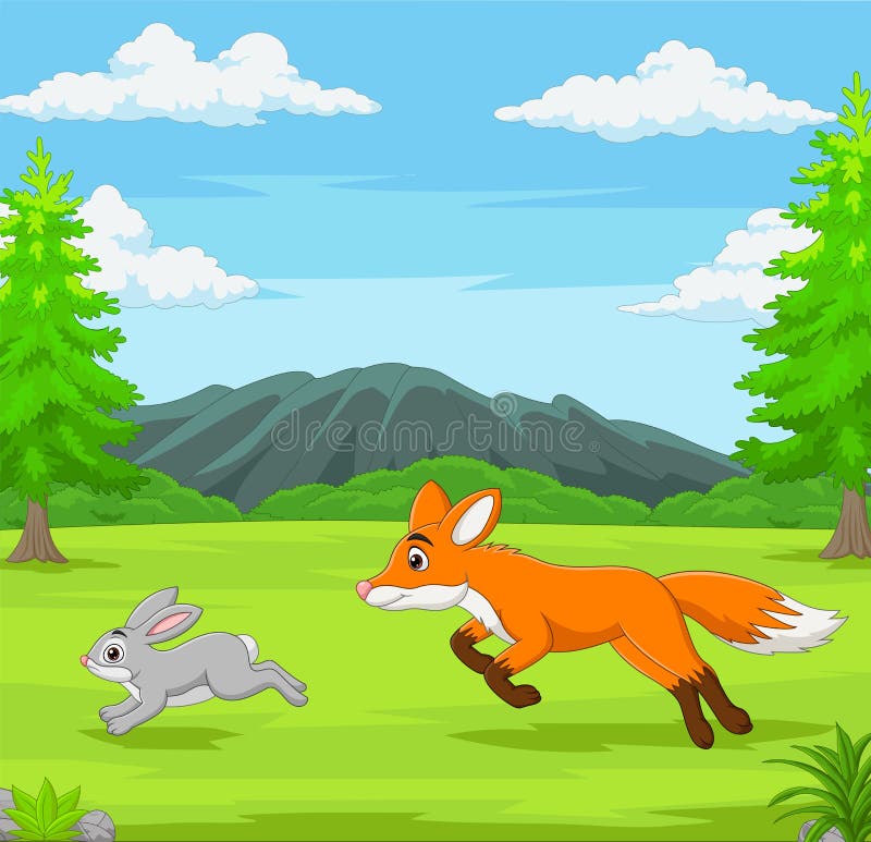 The Fox is Chasing a Rabbit in an African Savanna Stock Vector ...