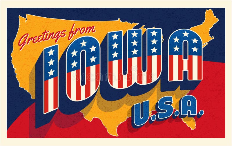 Iowa USA. Retro Style Postcard with Patriotic Stars and Stripes ...
