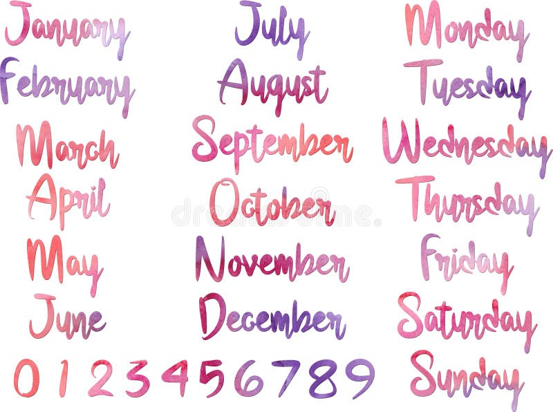 Watercolor Lettering of Month Names, Days of Week, Dates/numbers. Stock ...