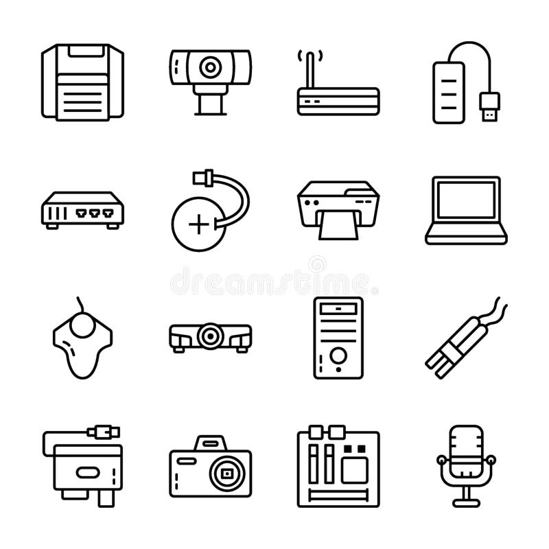Pack of Computer Hardware Icons Stock Vector - Illustration of chip ...