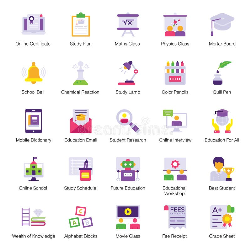 Learning and Education Flat Icons Pack Stock Vector - Illustration of ...