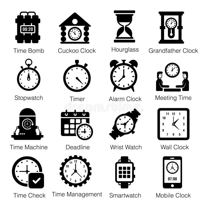 Pack of Time glyph Icons stock vector. Illustration of sandglass ...