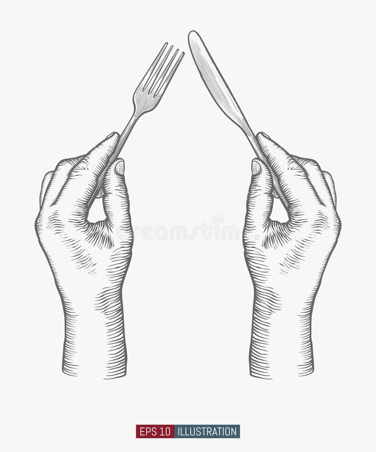 Hand Drawn Hands Holding Fork and Knife. Engraved Style Vector ...