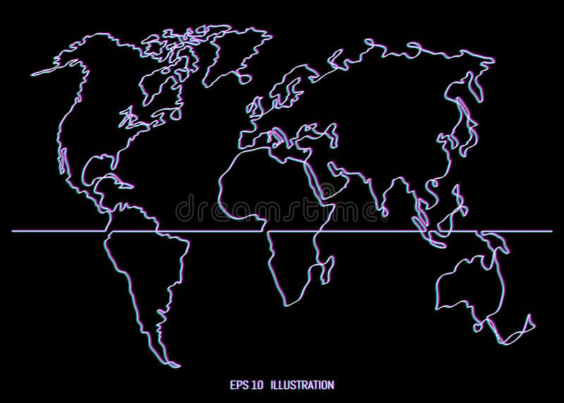 Continuous Line Drawing of World Map. Glitch Effect. Vector ...