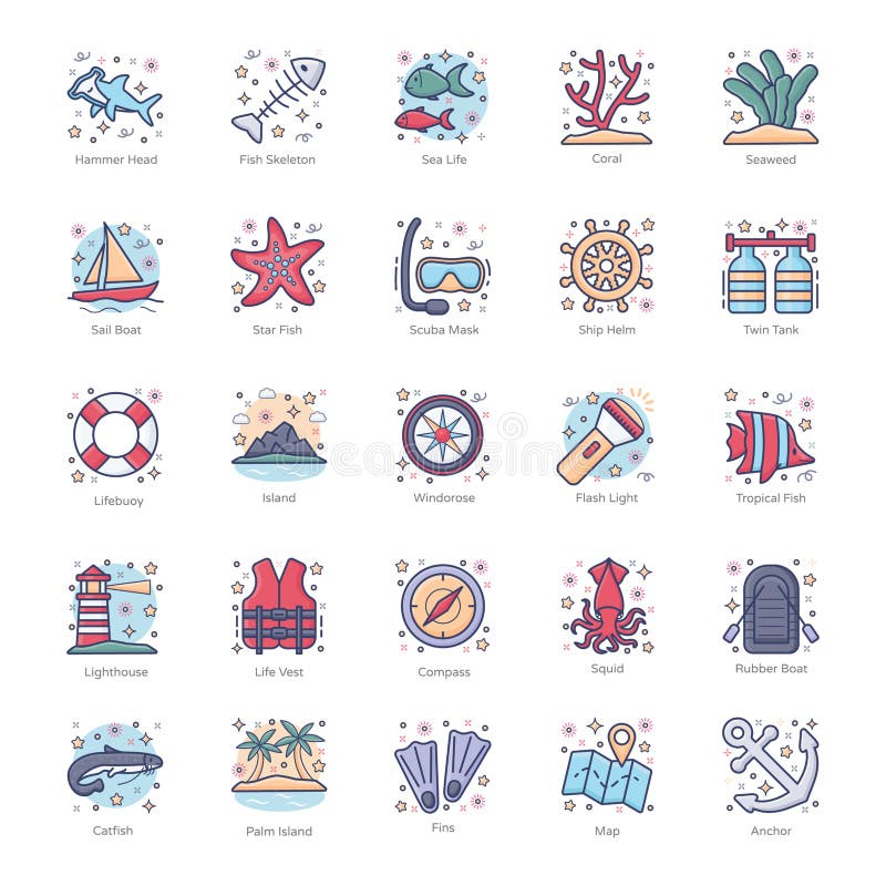 Pack of Underwater Flat Icons Stock Vector - Illustration of sailboat ...