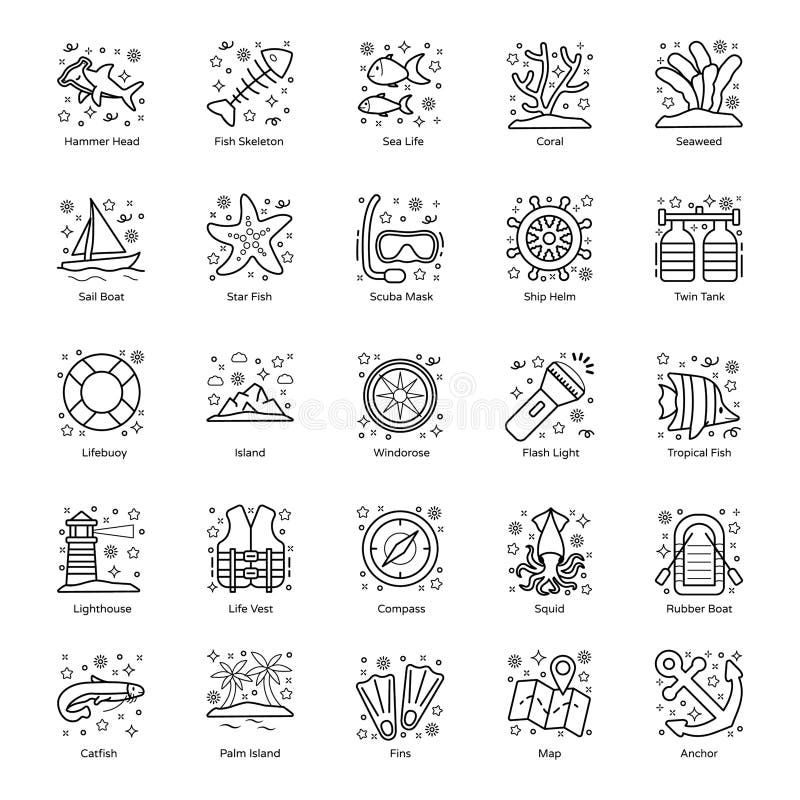 Pack of Underwater Line Icons Stock Vector - Illustration of vector ...