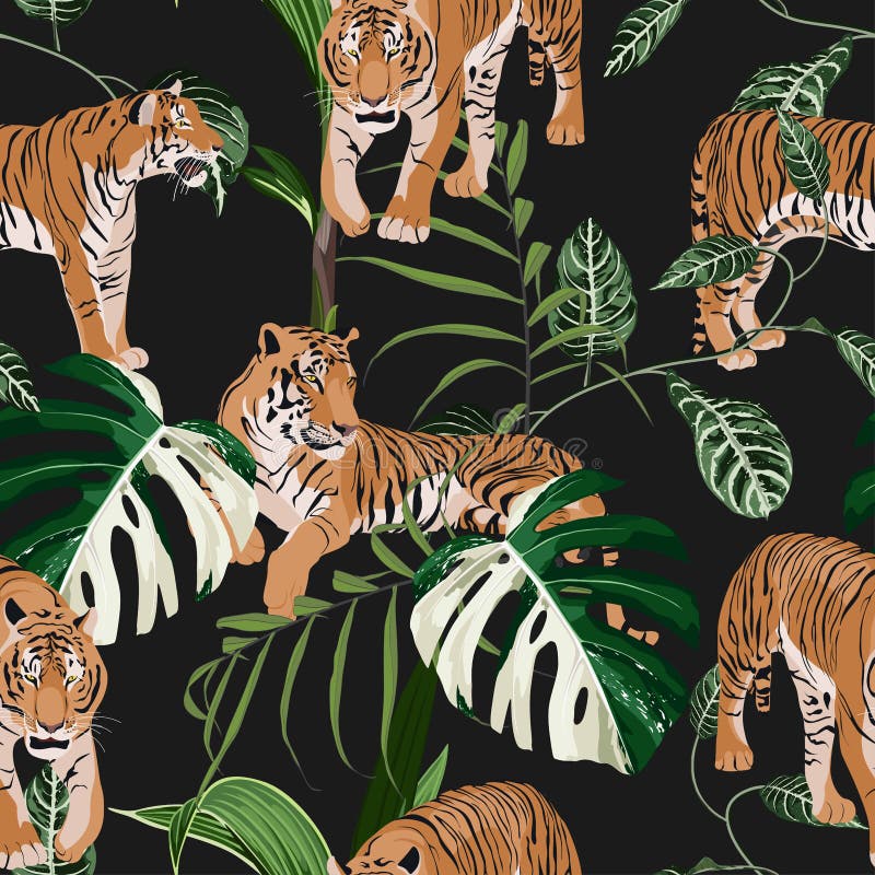 Exotic Animal Tiger in the Jungle Pattern Vintage Black Background ...
