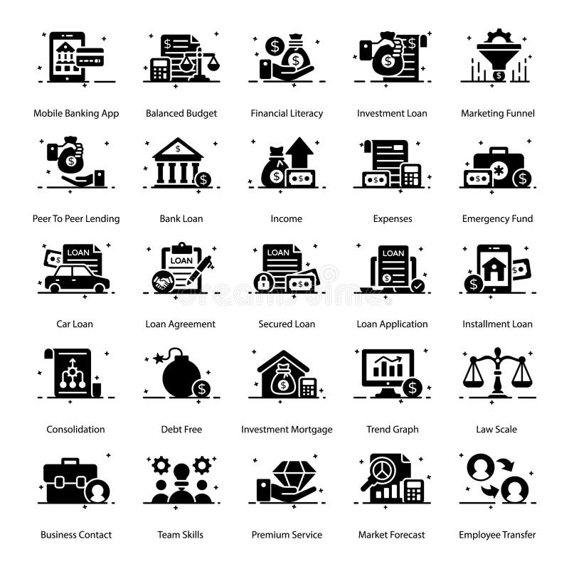 Pack of Loan Solid Icons stock vector. Illustration of expenses - 192522738