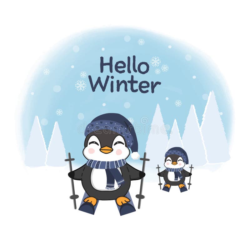 Hello Winter. Cute Penguins Skiing in Winter Stock Illustration ...