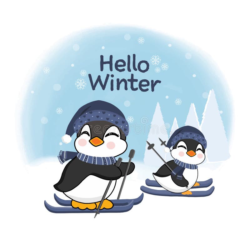 Hello Winter. Cute Penguins Skiing in Winter Stock Illustration ...