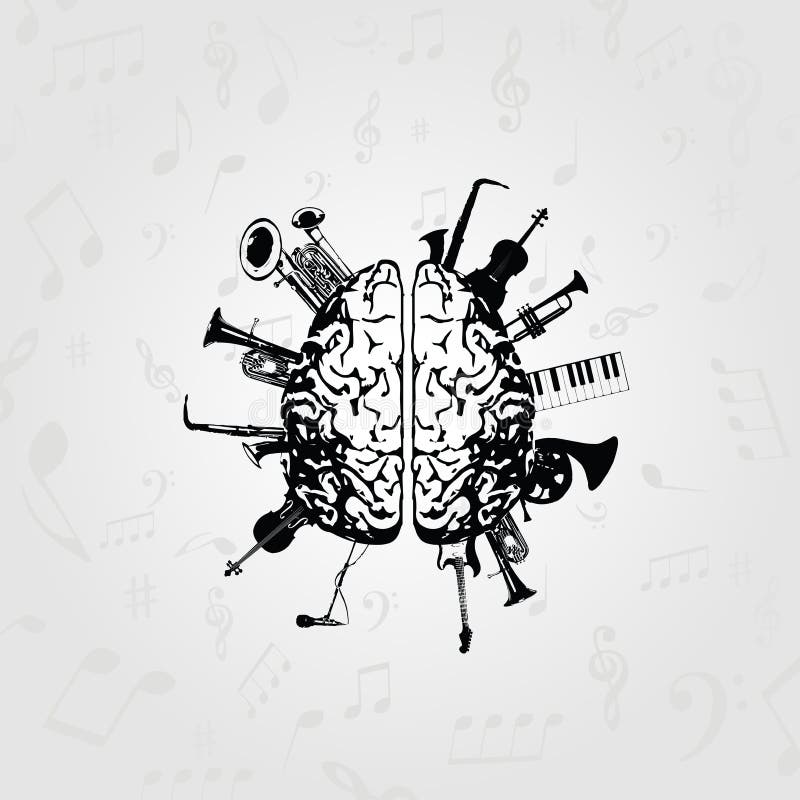 Music Design Vector. Black and White Human Brain with Music Instruments ...