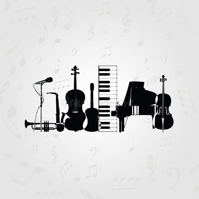 Music Poster with Music Instruments. Black and White Microphone, Piano ...