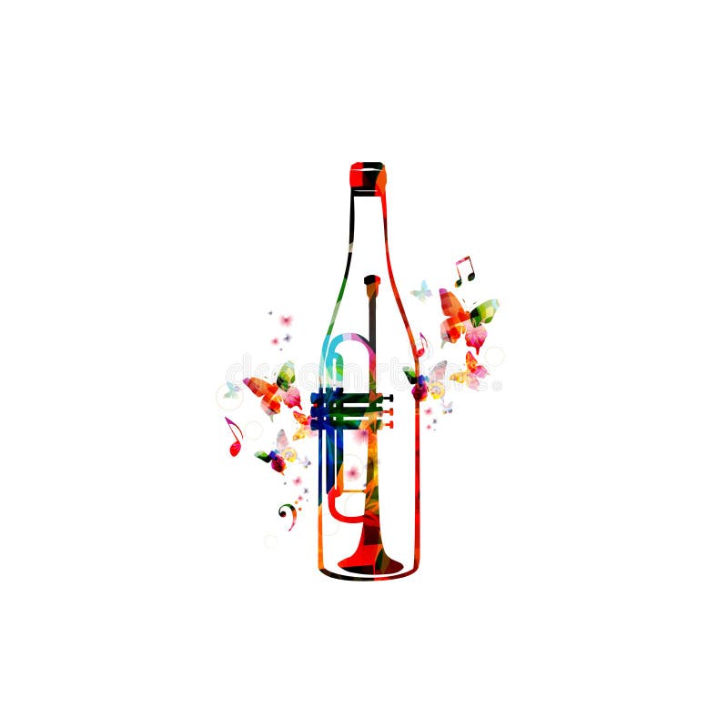 Colorful Bottle with Trumpet and Music Notes Isolated Vector ...