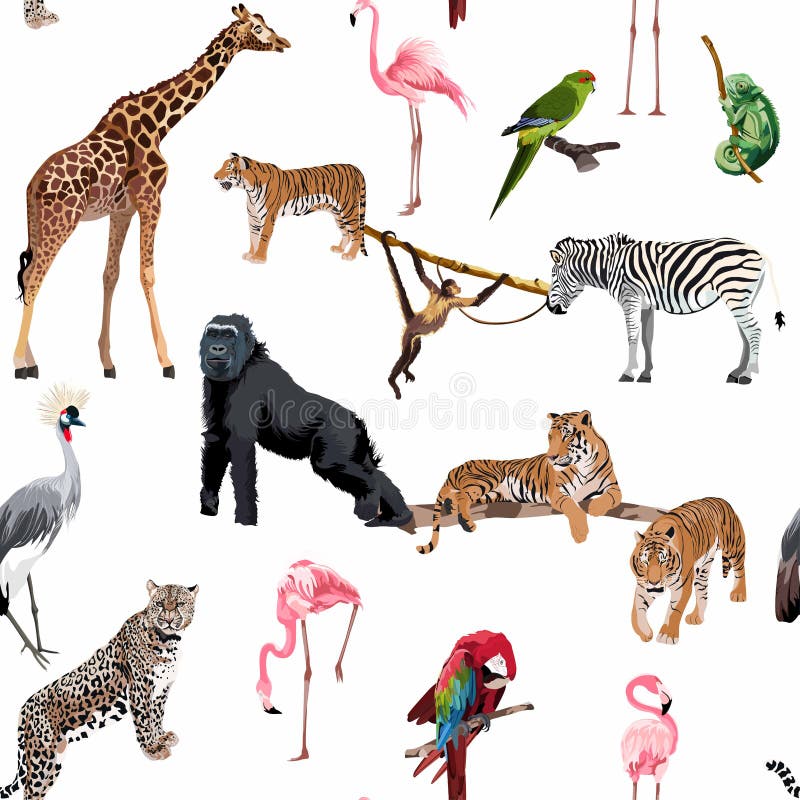 Different Kind of Tropical Safari Animals Characters Seamless Pattern ...