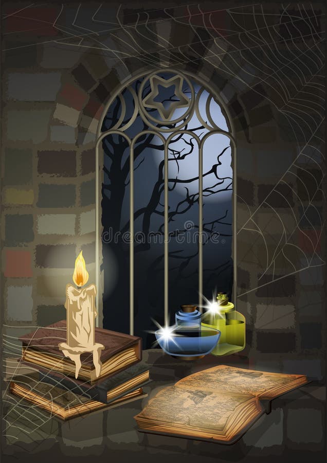 Gothic Window With Magic Witch Book, Candle And Glass Jar, Background ...