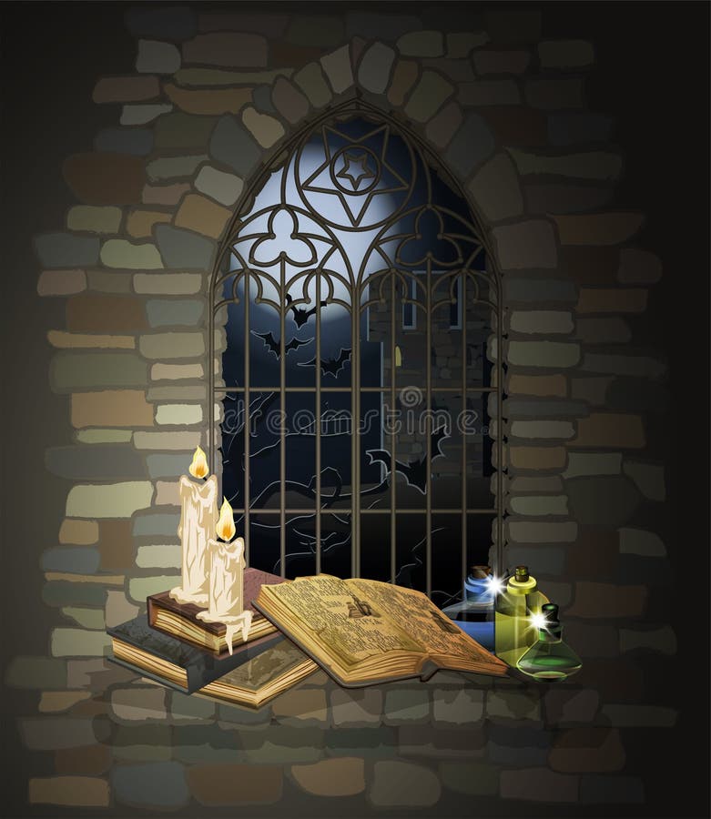 Ornate Gothic Window with Candle and Magic Glass Jar, Wallpaper Stock ...