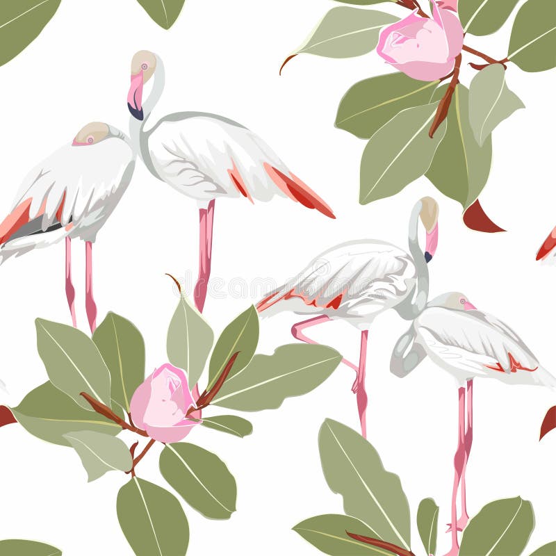 Flamingo and Magnolia. Seamless Pattern on a White Background. Stock ...