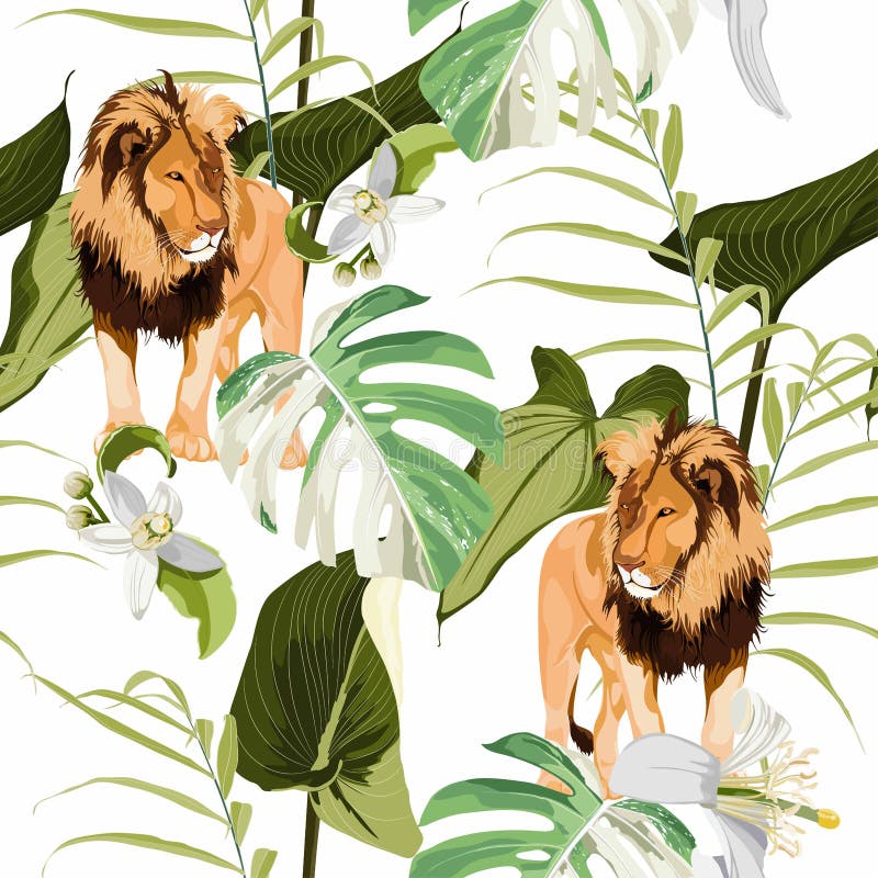 Vintage Tropical Tree, Palm Tree, Lion Animal, Floral Seamless Patternn ...