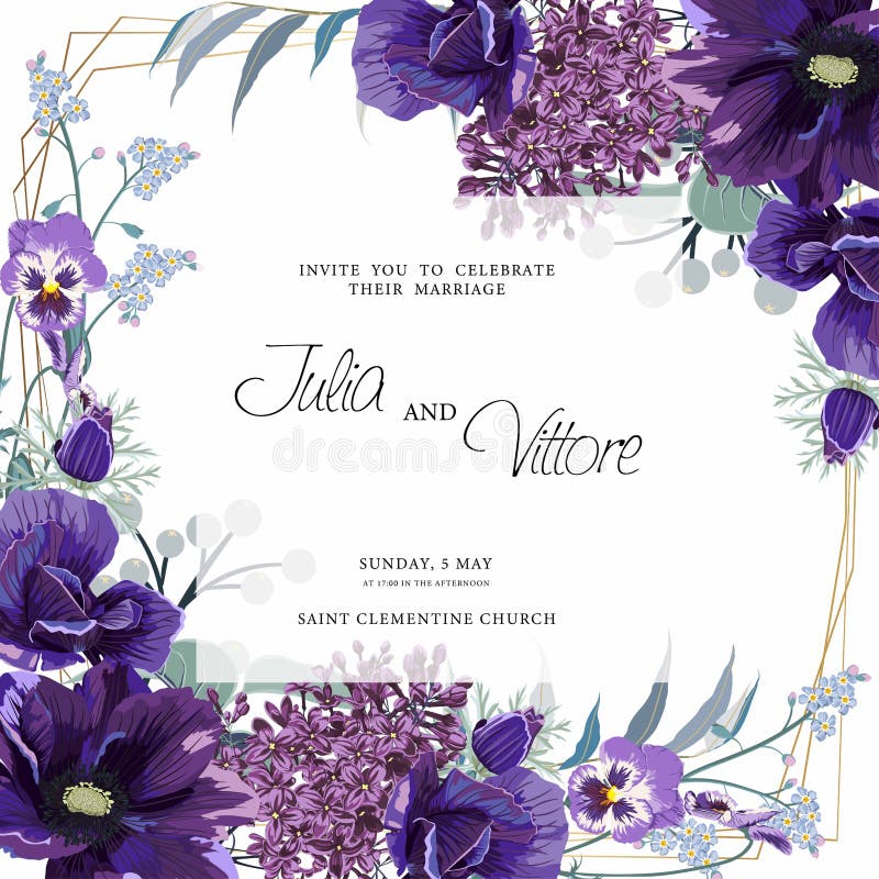 Floral Wedding Invitation Card Template Design, Violet Lilac Anemones ...