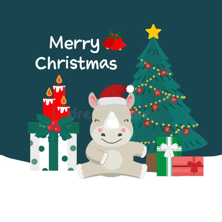 Merry Christmas Card with Cute Rhino Wearing Santa Claus Hat Stock ...