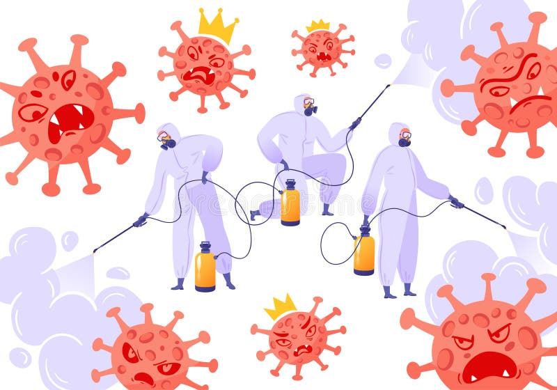 Flat Cartoon Characters in Protective Suits, Respirators, Glasses Spray ...