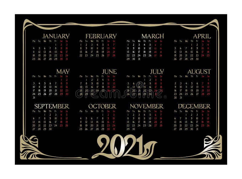 Calendar Layout for the Year 2021. Stock Vector - Illustration of date ...