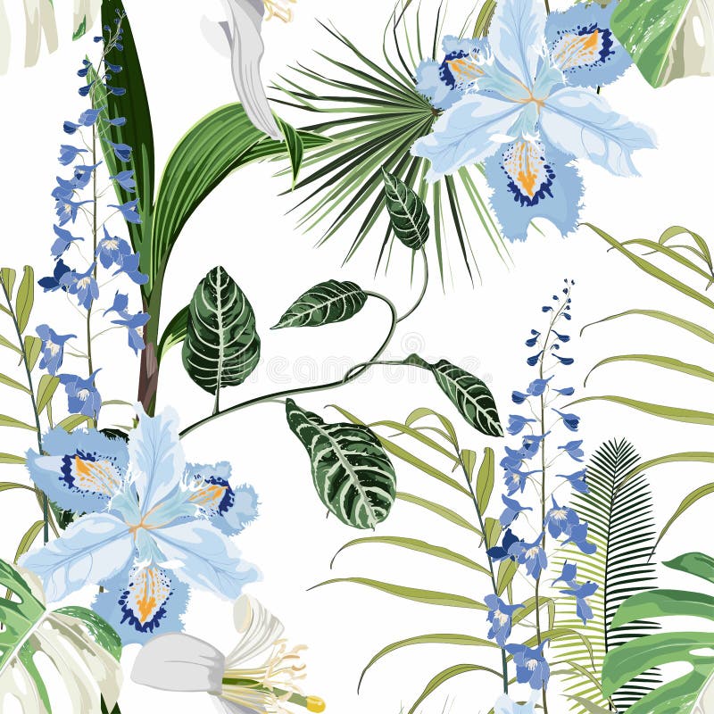Tropical Blue Flowers and Tropical Leaves, Light Background. Seamless ...
