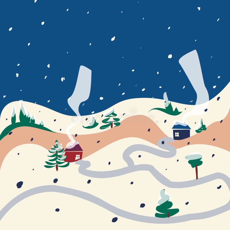 Winter Snow Hills House Street Nature Landscape Vector Illustration ...