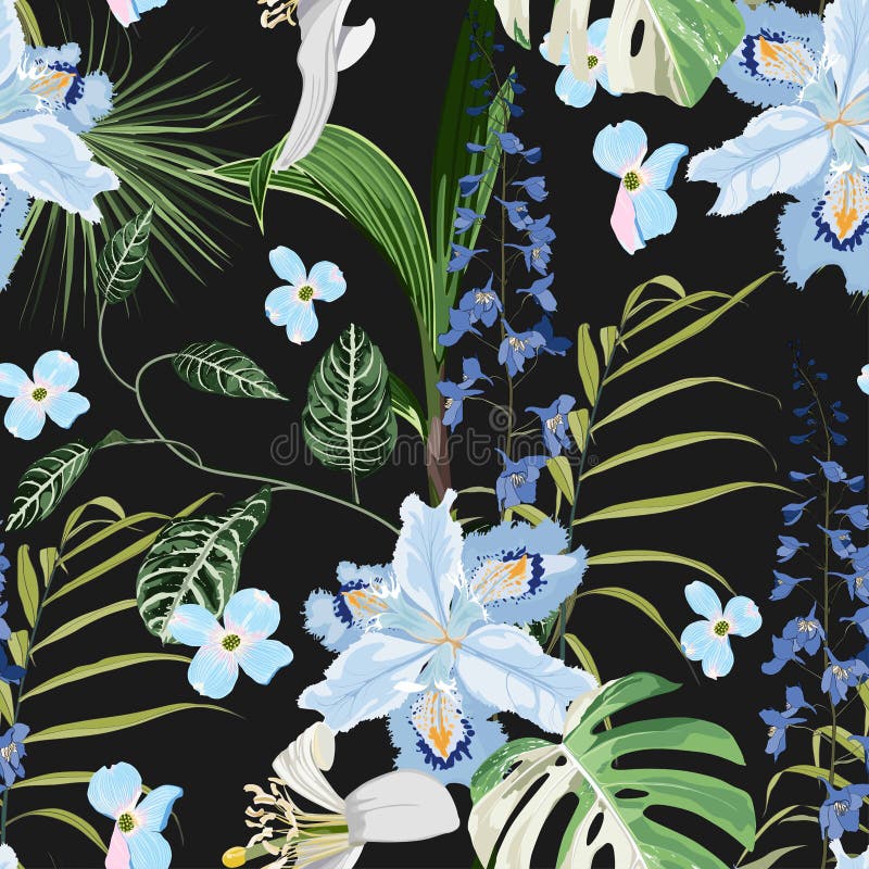 Tropical Blue Flowers and Tropical Leaves on Black Background. Seamless ...