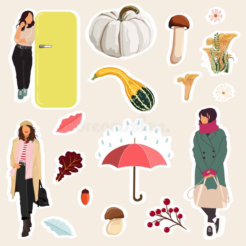 Autumn Sticker Collection. Set of Cute Autumn Cartoon Element. Fall ...