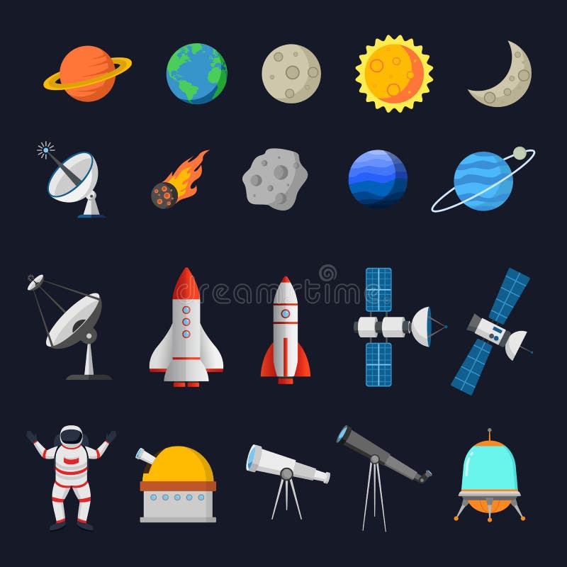 Set of Space Objects Collection. Spaceship, Rocket, Astronaut Vector ...