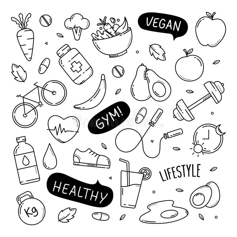 Healthy Lifestyle Cute Doodle Hand Drawn Element and Objects Vector ...