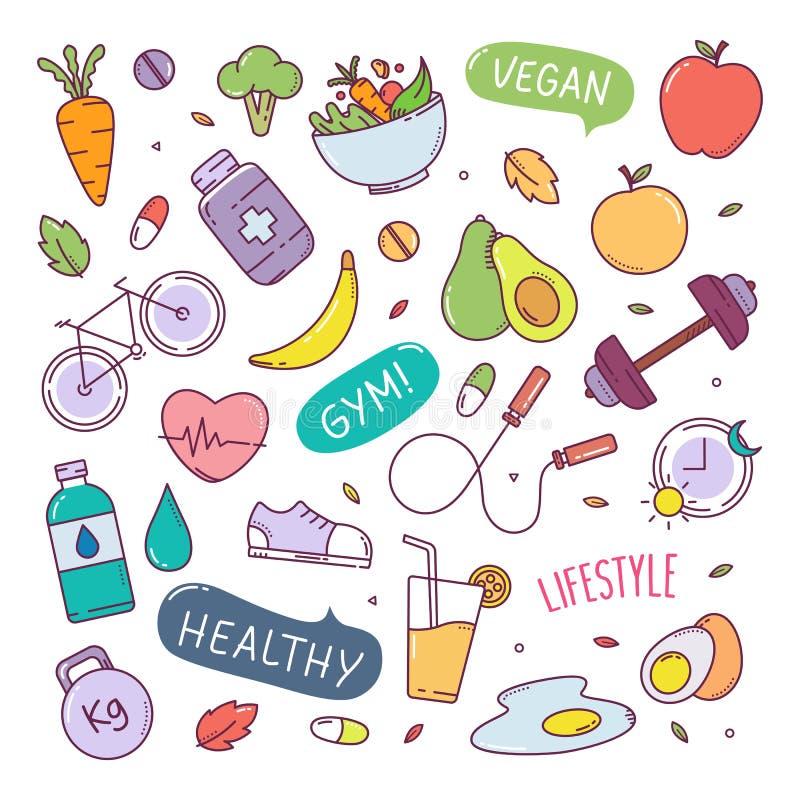Healthy Lifestyle Cute Doodle Hand Drawn Element and Objects Vector ...