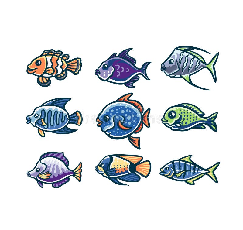 Set of Fish Cartoon, Hand Drawn Line Style with Digital Color Stock ...