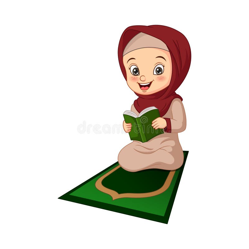 Cartoon Muslim Girl Reading Quran Book Stock Vector - Illustration of ...
