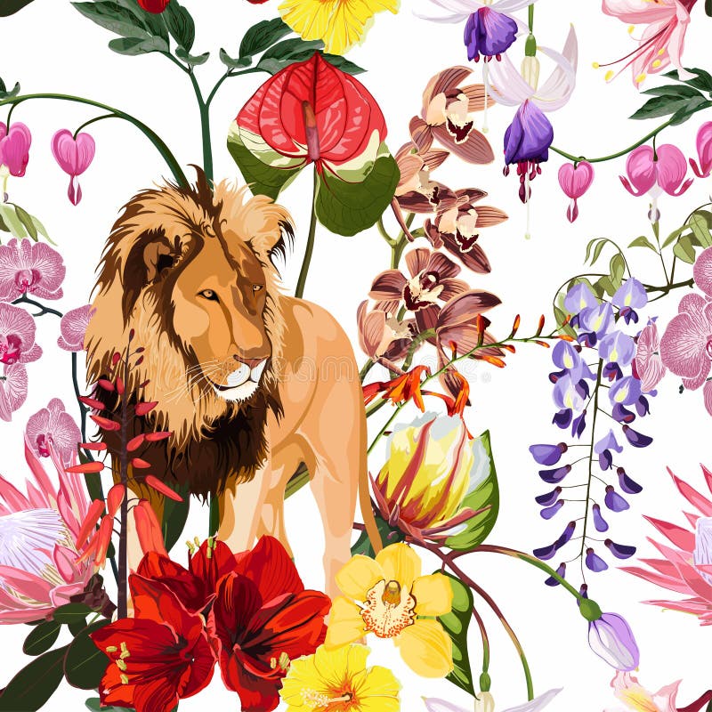 Tropical Exotic Flowers, Plant, Lion Animal Floral Seamless Border ...