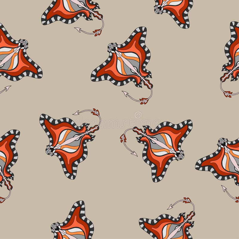Sea Stingrays with Red, White and Black Decor on Beige Background ...