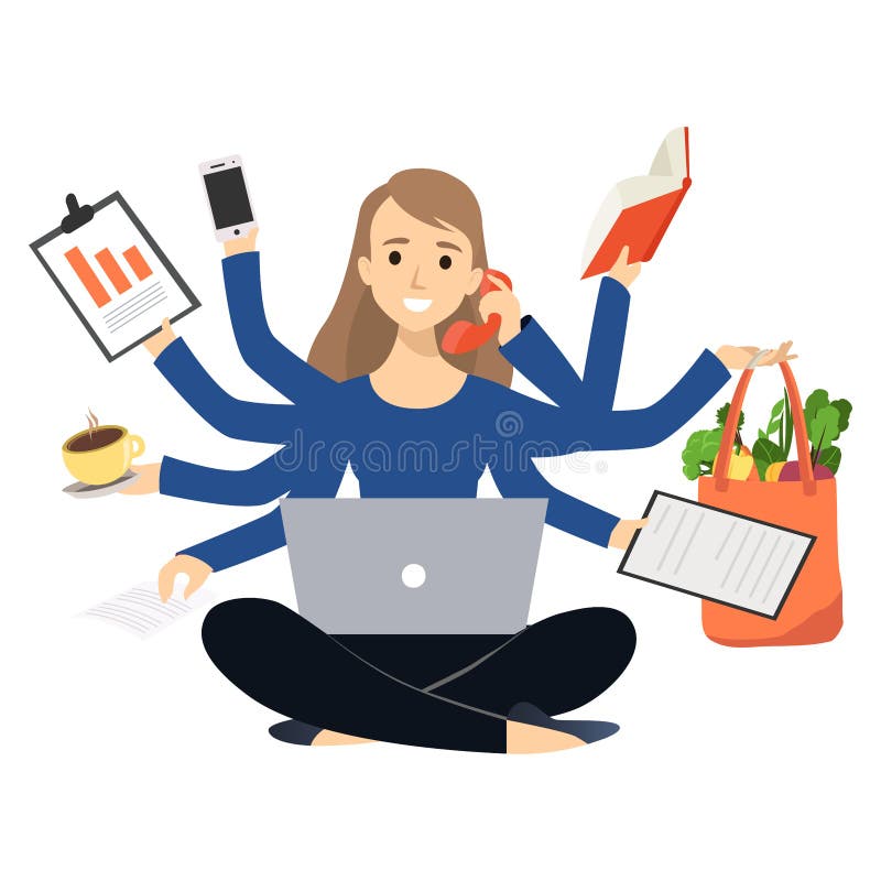 Multitasking. Busy Woman with Many Arms Doing Many Tasks Stock Vector ...