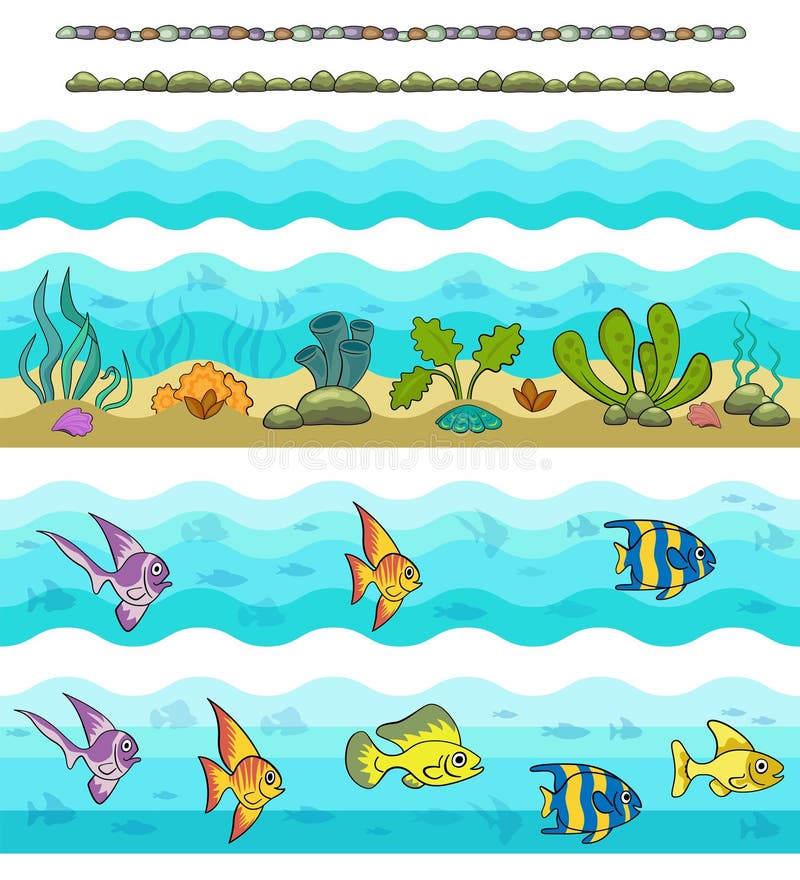 Seamless Borders. Underwater Ocean Life, Exotic Fish, Shells Stock ...