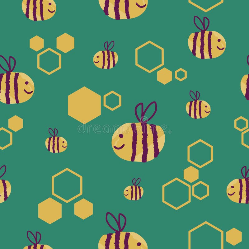 Yellow Bee and Hexagonal Beehive Seamless Pattern on Green Background ...