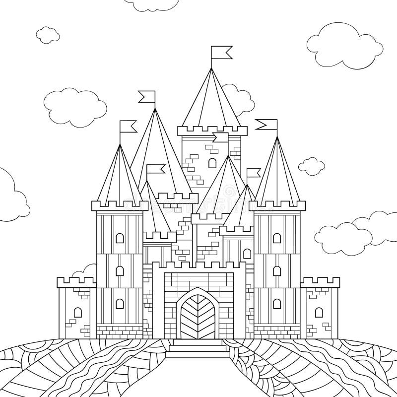 Line Drawn Fantasy Castle with Simple Stone Pattern. Towers with Flags ...