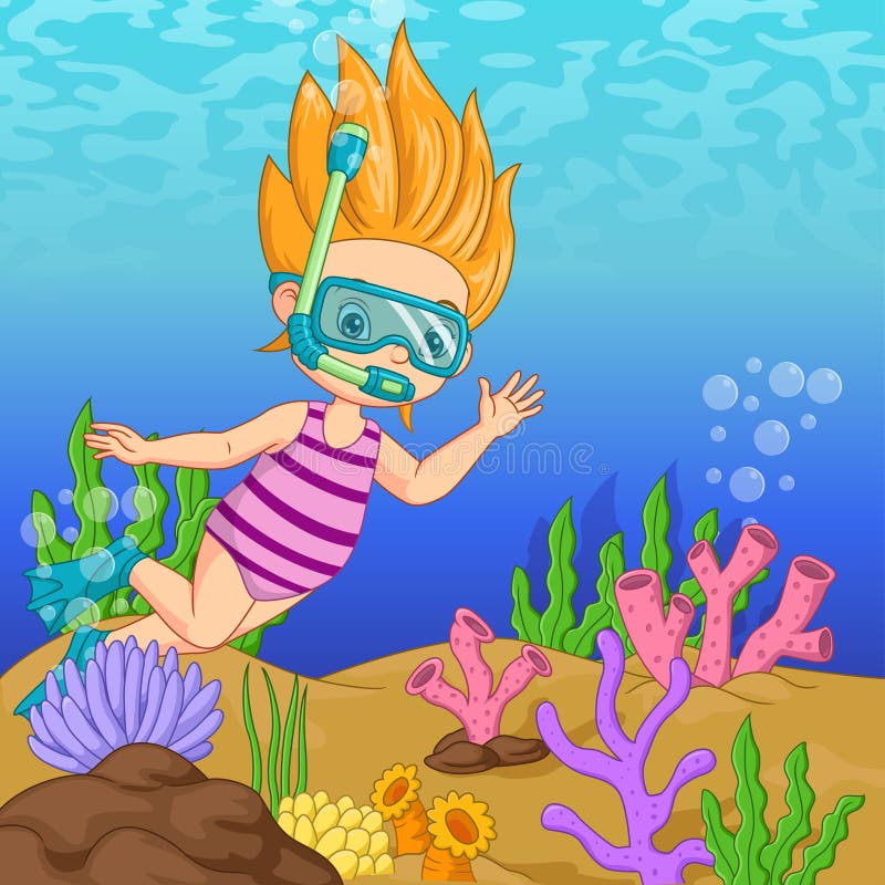 Cartoon Little Girl Wearing Diving Mask Swims Underwater Stock Vector ...