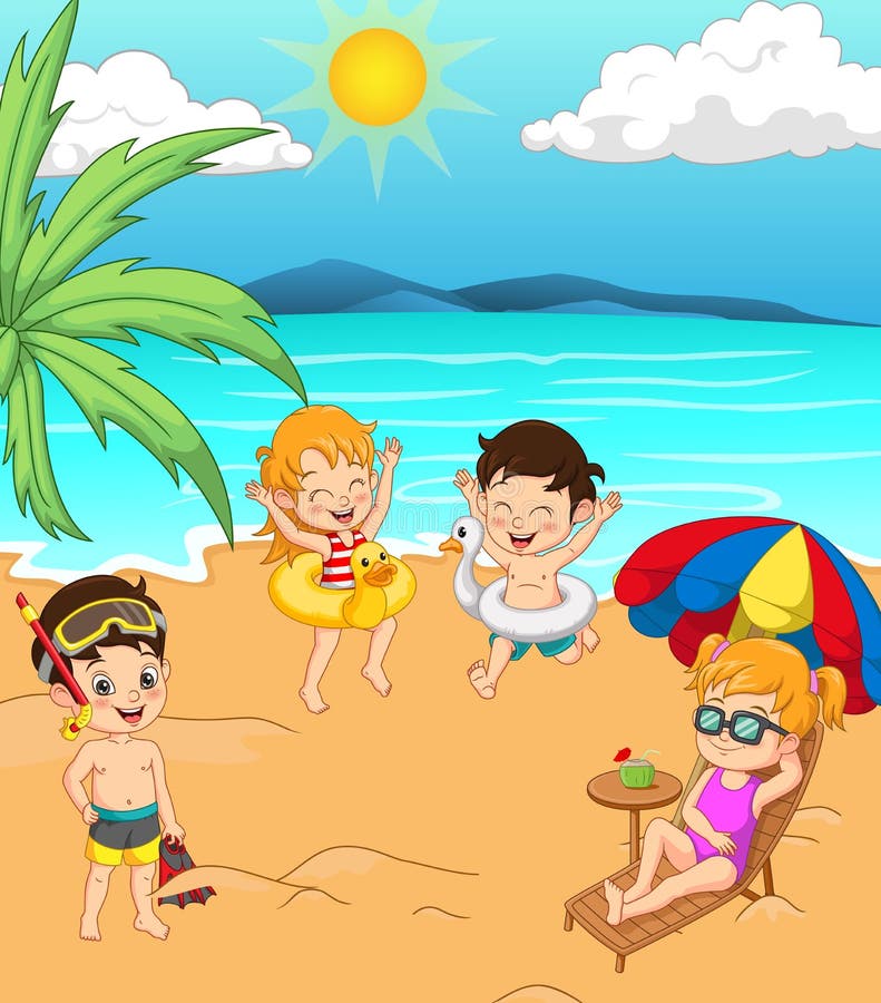 Group of Cartoon Happy Kids at the Beach Stock Vector - Illustration of ...